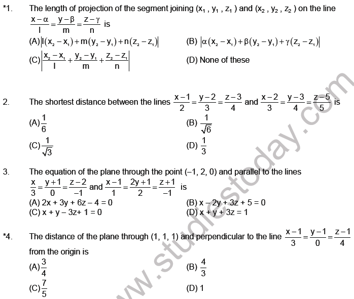 JEE Mathematics Three Dimensional Geometry MCQs Set A with Answers
